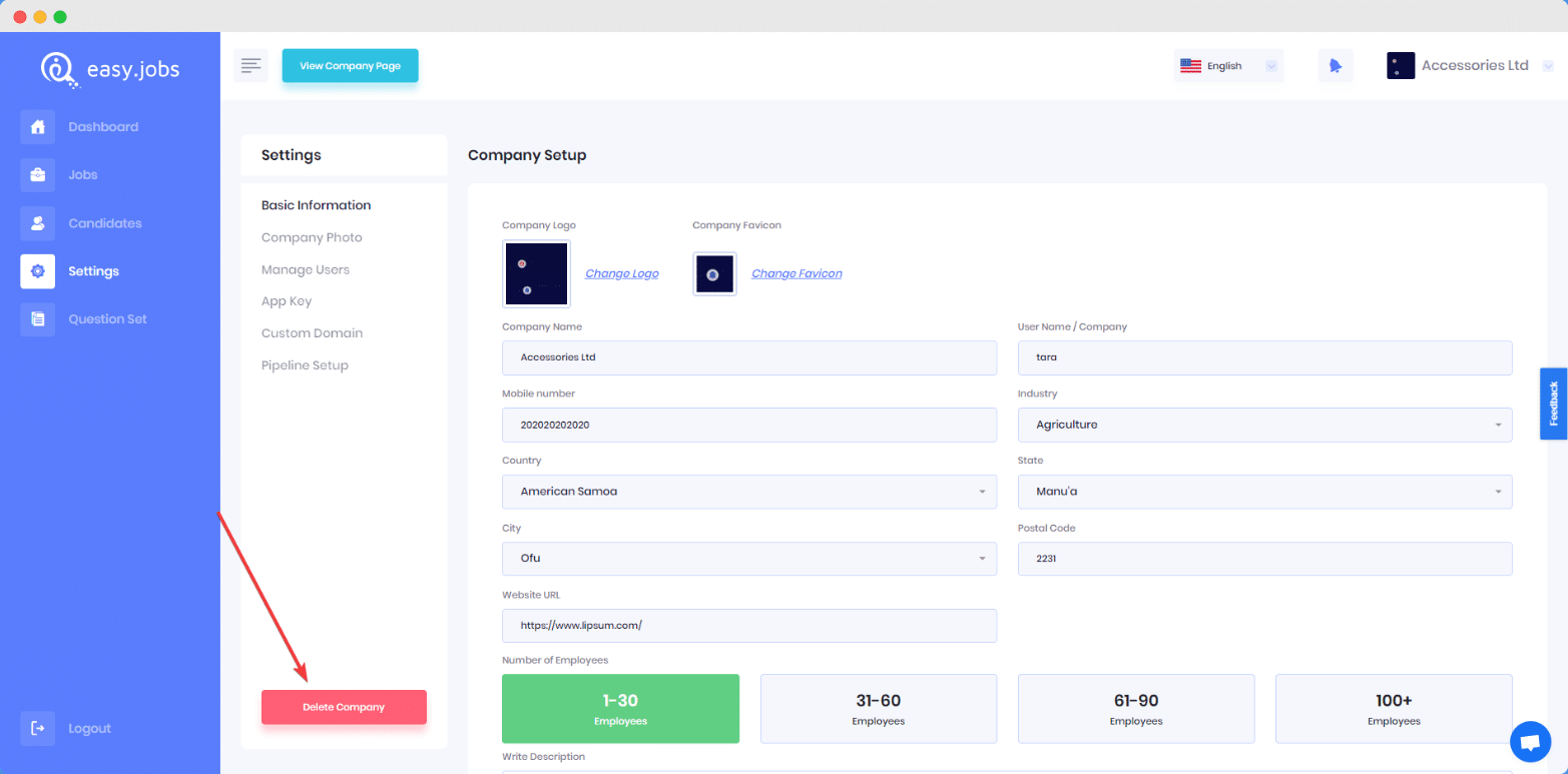 How to delete company account in easy.jobs