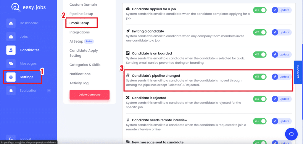 How To Configure Candidate Pipeline Change Email in Easy.Jobs?