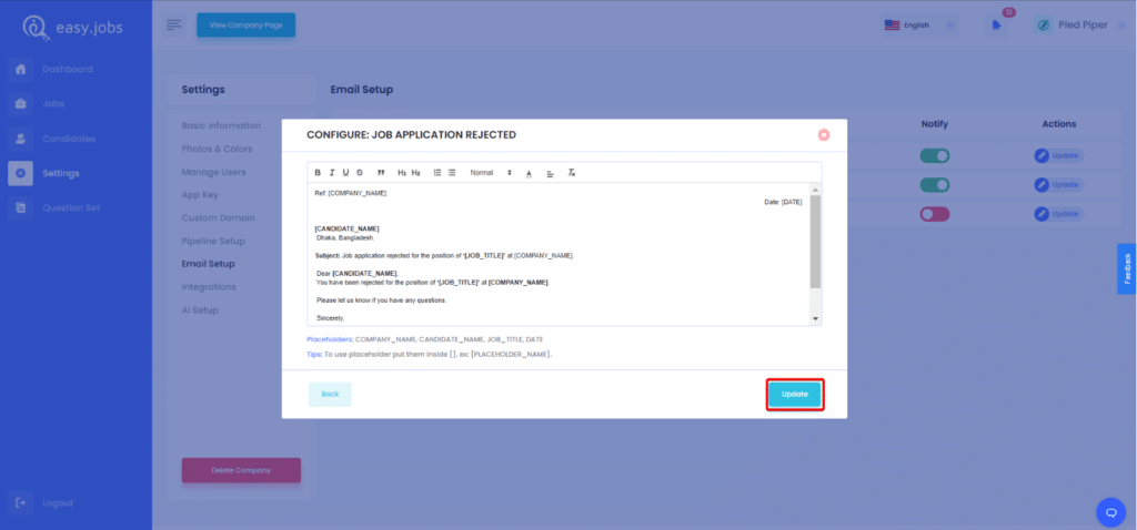 How To Configure A Job Application Rejection Email In Easy.Jobs?