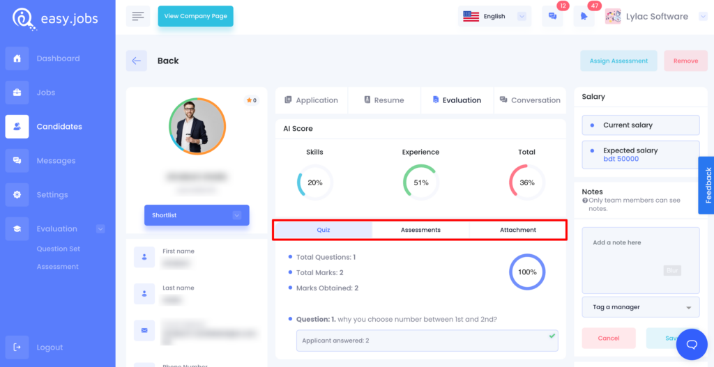 How To View Quiz & Screening Test Results Of A Candidate In Easy.Jobs?