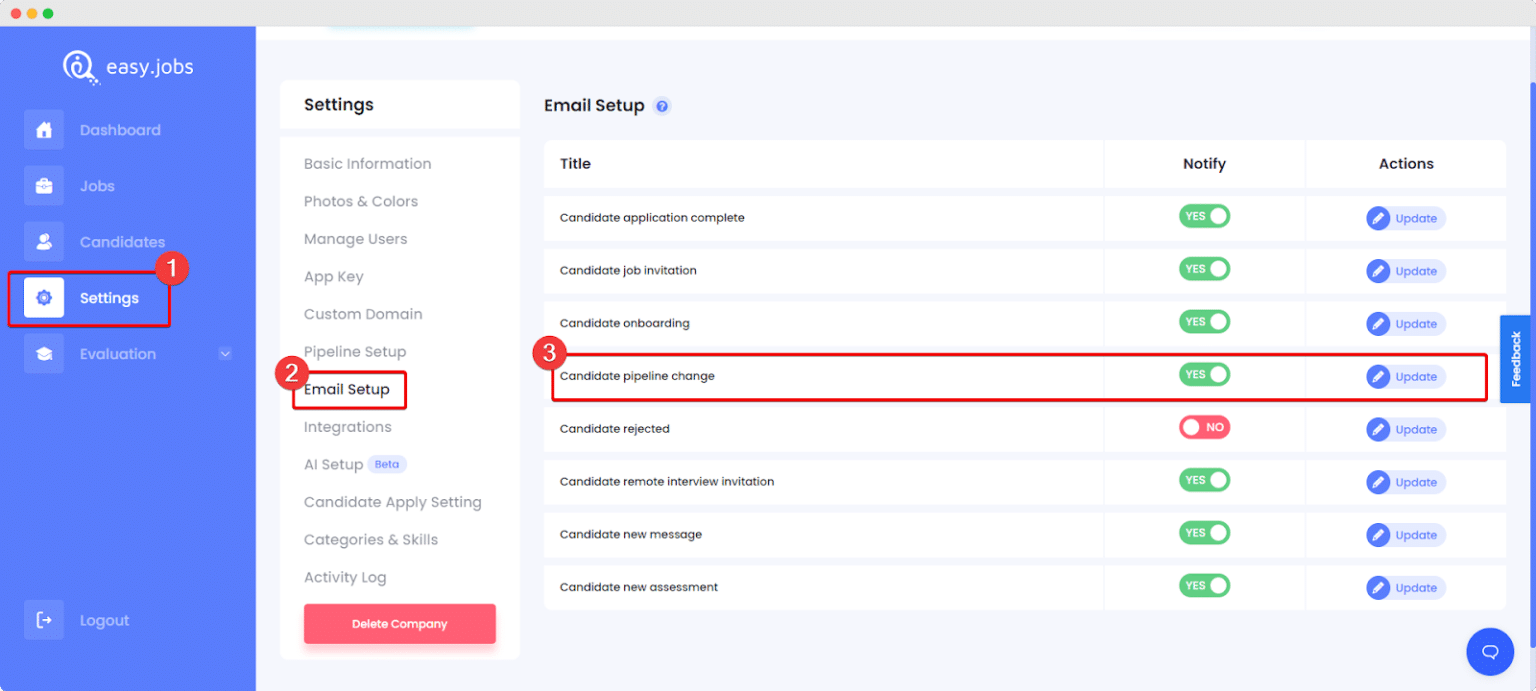 How To Configure Candidate Pipeline Change Email in Easy.Jobs?